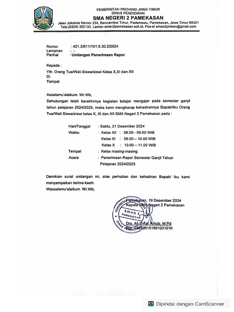 Undangan Penerimaan Rapor | PDF