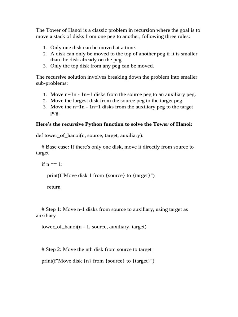 Tower of Hanoi Recursive Solution | PDF