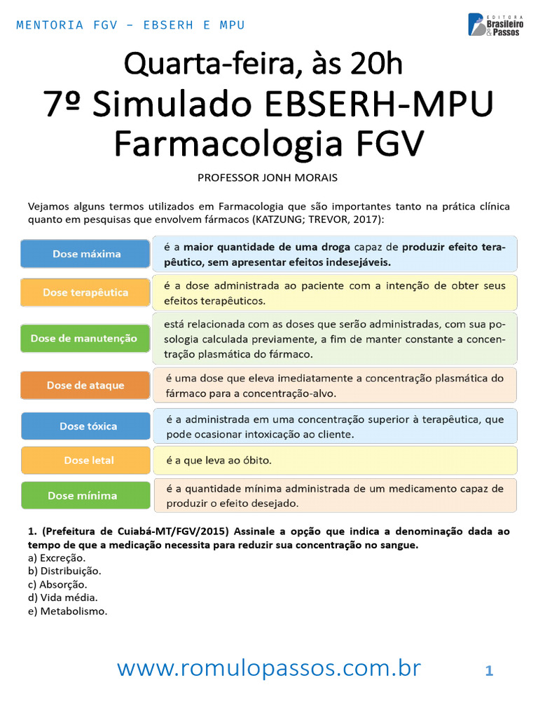 7º Simulado EBSERH-MPU - Farmacologia (52 Questões FGV) | PDF | Farmacocinética | Farmacologia