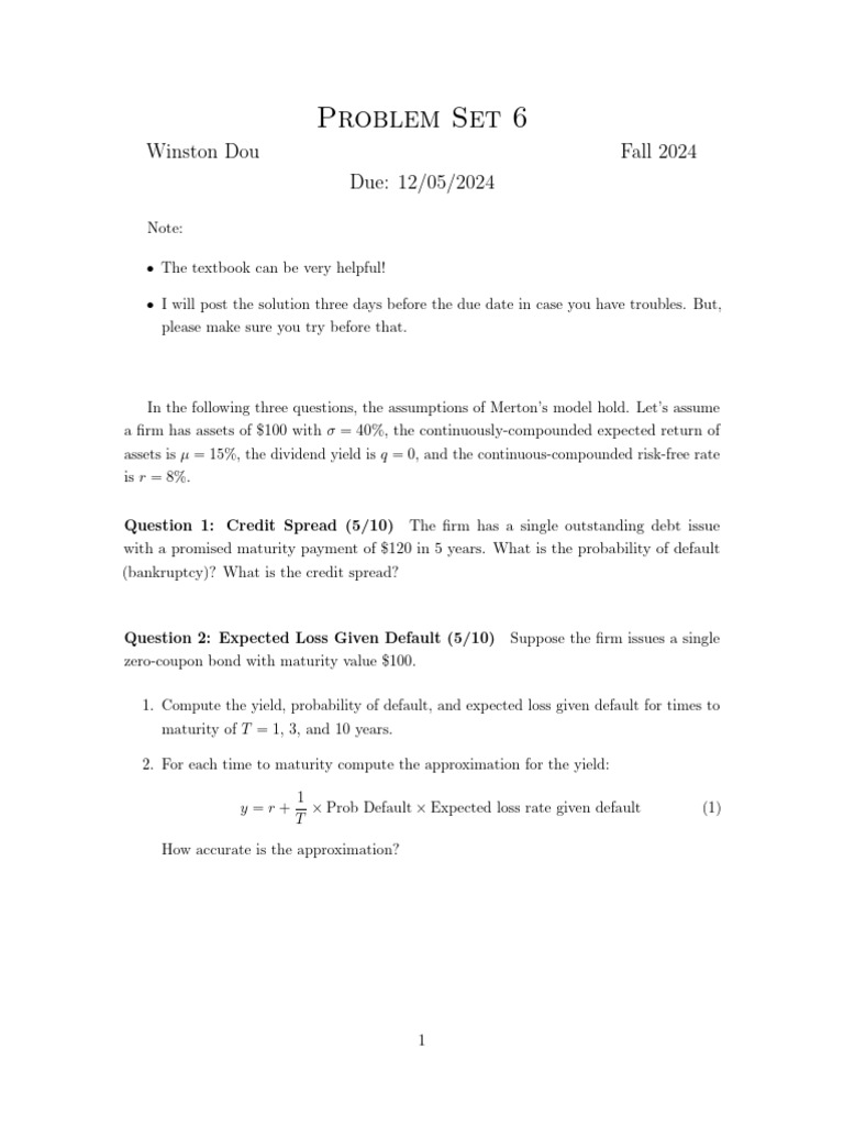 ProblemSet 6 Fall2024 | PDF | Money | Financial Economics