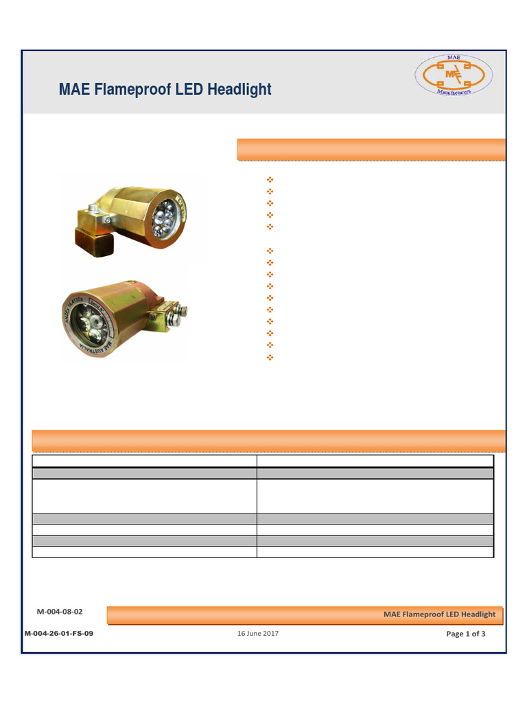 MAE Flameproof LED Headlight Feature Sheet 1 | PDF | Headlamp | Electrical Engineering
