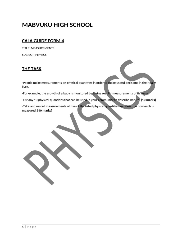 Mabvuku High School Physics Cala Form 4 | PDF