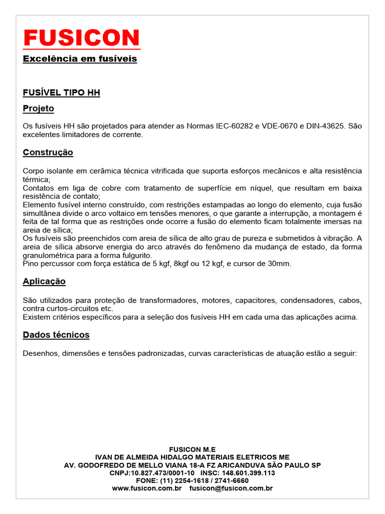 Fusíveis HH: Proteção e Especificações | PDF | Fusível (elétrico ...