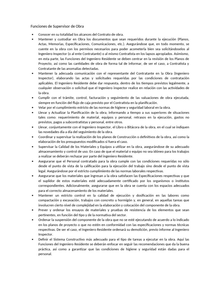Funciones Supervisor de Obra | PDF | Contratista general | Hormigón