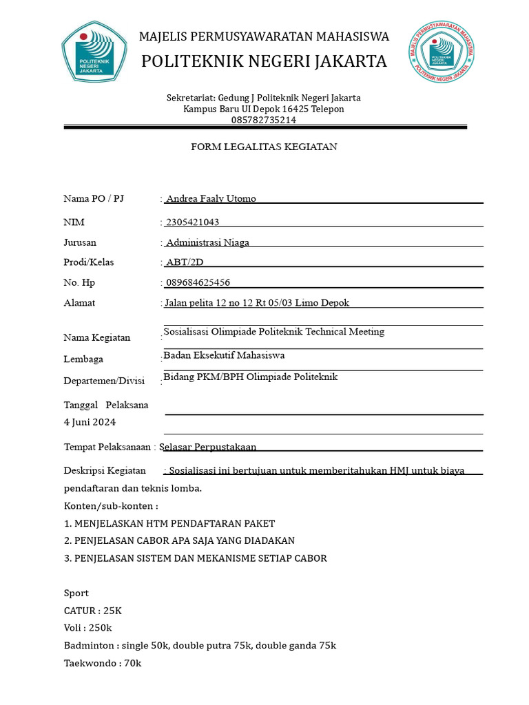 Form Legalitas Sos Op TM | PDF