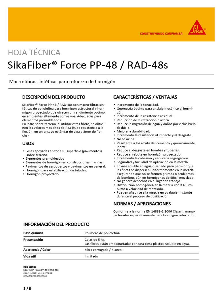 Sikafiber Force PP 48rad 48s | PDF | Hormigón | Materiales