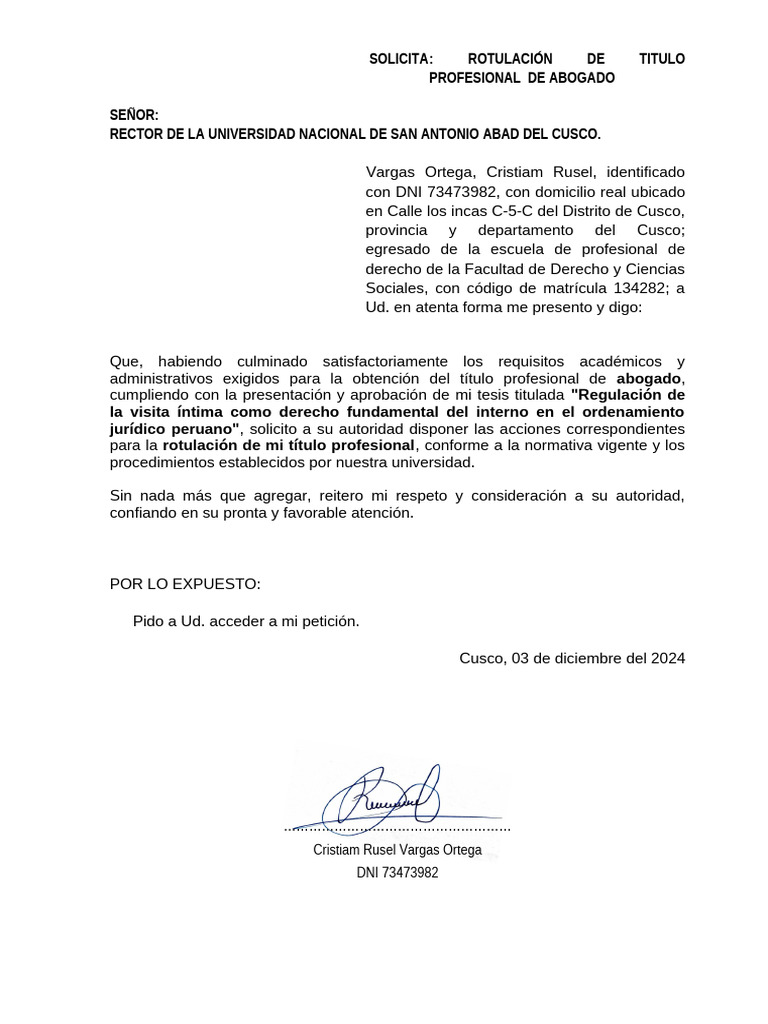 Solicitud Dirigida Al Rector para La Rotulacion | PDF