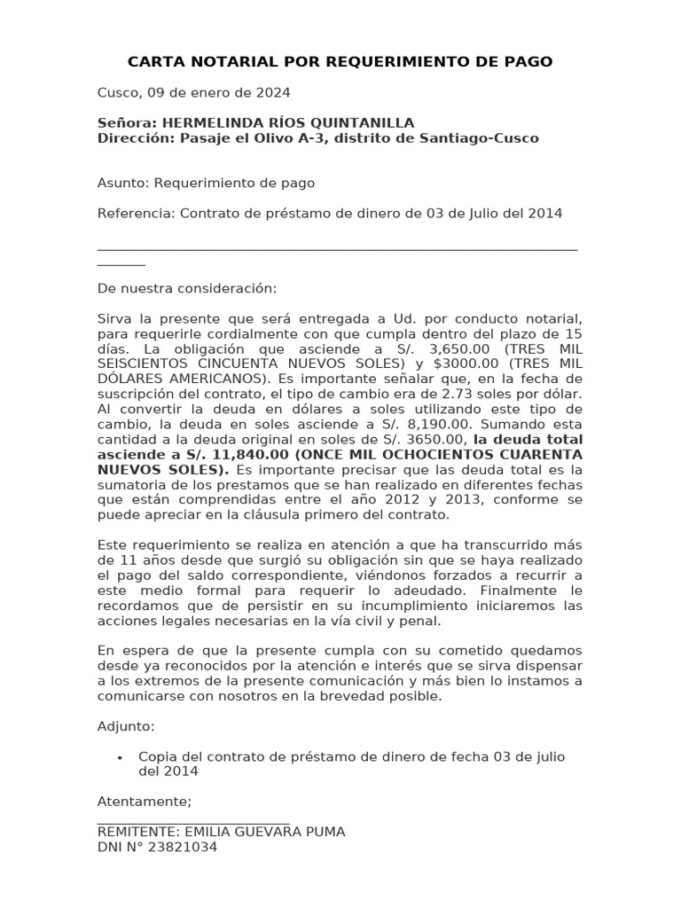 Carta Notarial Por Requerimiento de Pago Emilia | PDF
