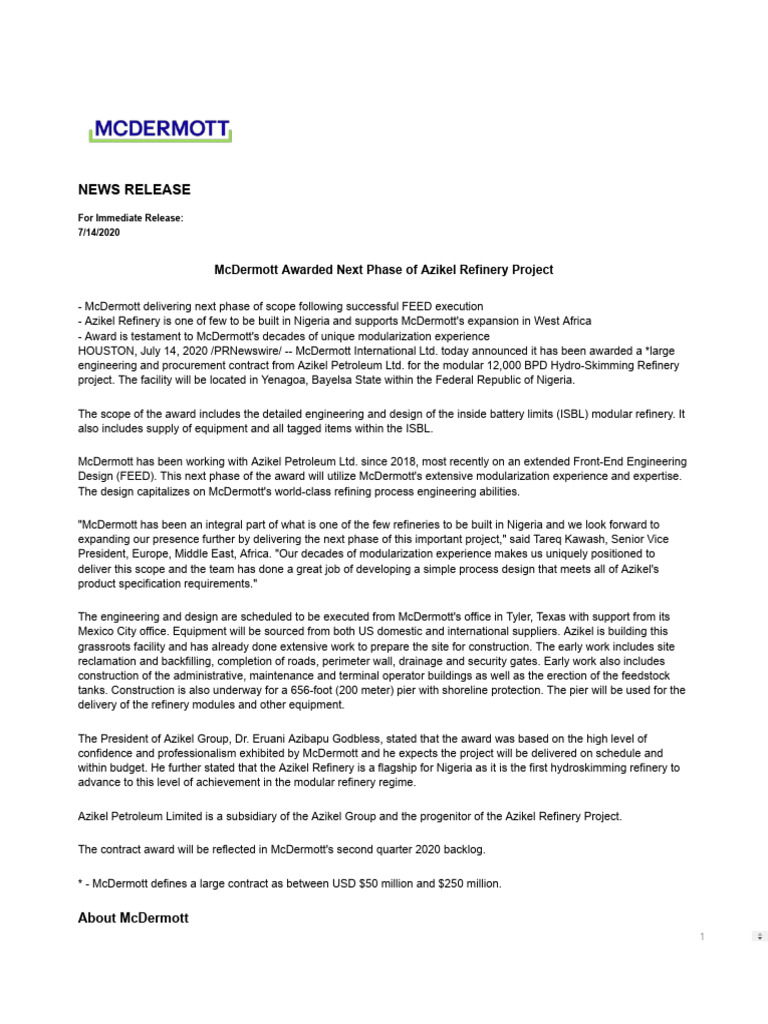 McDermott Awarded Next Phase of Azikel Refinery Project 2020 | PDF ...