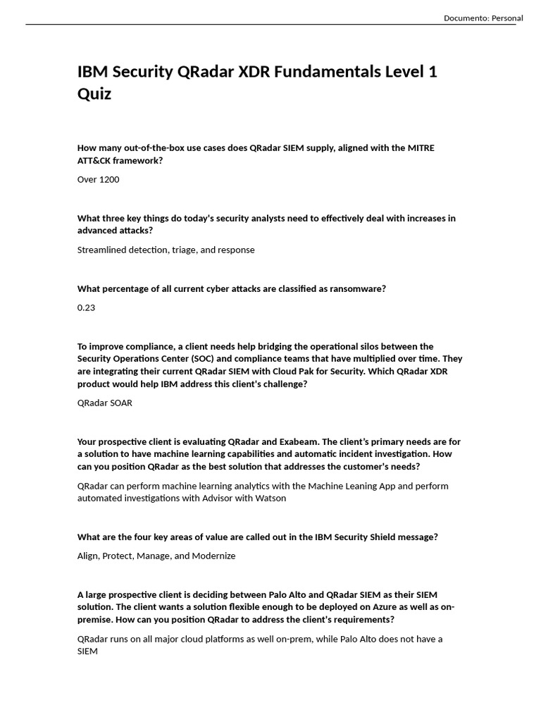 Ibm Security Qradar Xdr Fundamentals Level 1 Quiz Docx Pdf Computing Information Technology