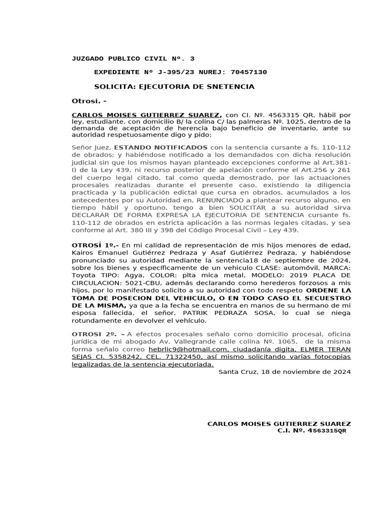 Solicita Ejecutoria Sentencia | PDF | Sentencia (ley) | Justicia