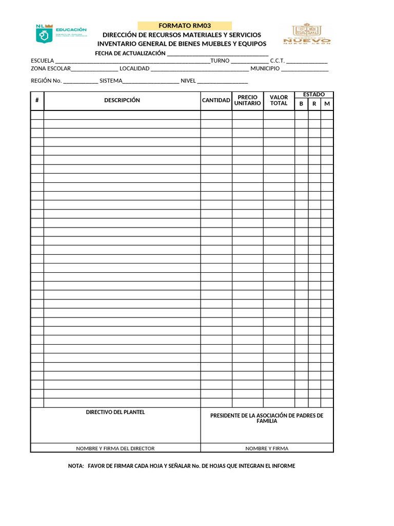 Inventario Escolar de Bienes Muebles y Equipos | PDF