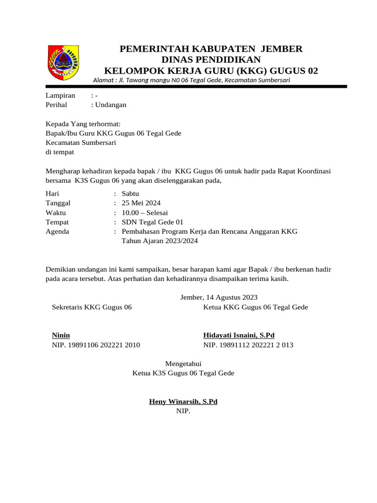 Undangan Rapat KKG Gugus 06 2024 | PDF