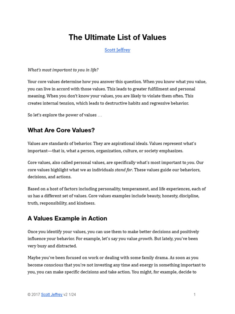 Core Values List Scott Jeffrey | PDF | Courage | Happiness