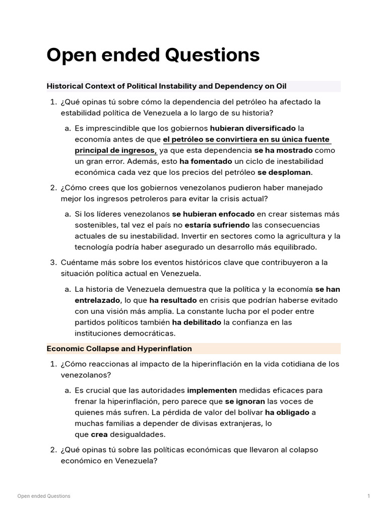 Open Ended Questions | PDF | Venezuela | Economias