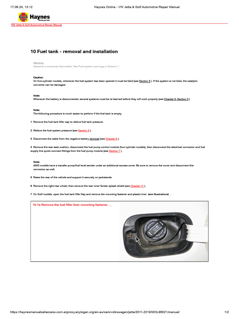 4 Fuel and Exhaust Systems 10 Fuel Tank - Removal and Installation ...