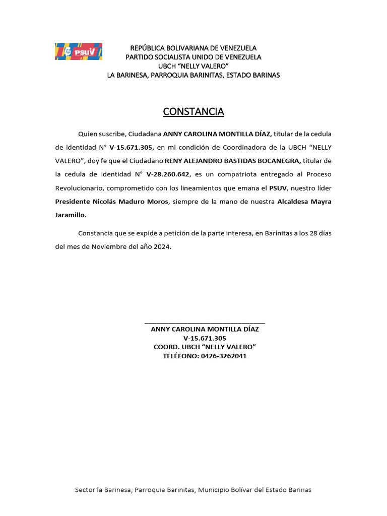 Constancia de Compromiso PSUV Barinas | PDF