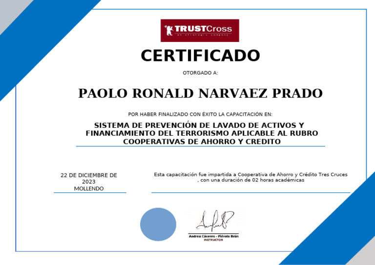 Certificado 22 Dic. 2023 Prevención Lavado Activos TC | PDF