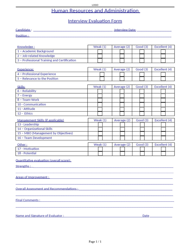 Managers Interview Evaluation Form | PDF