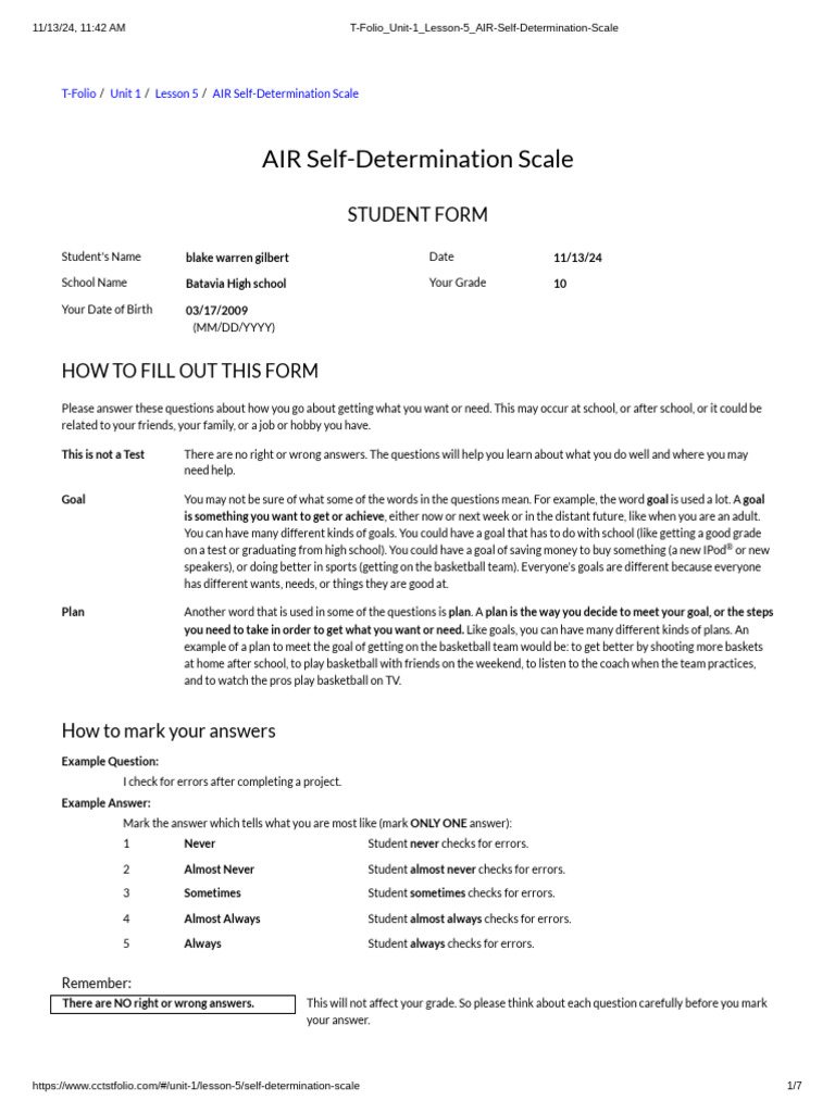 T Folio - Unit 1 - Lesson 5 - AIR Self Determination Scale | PDF