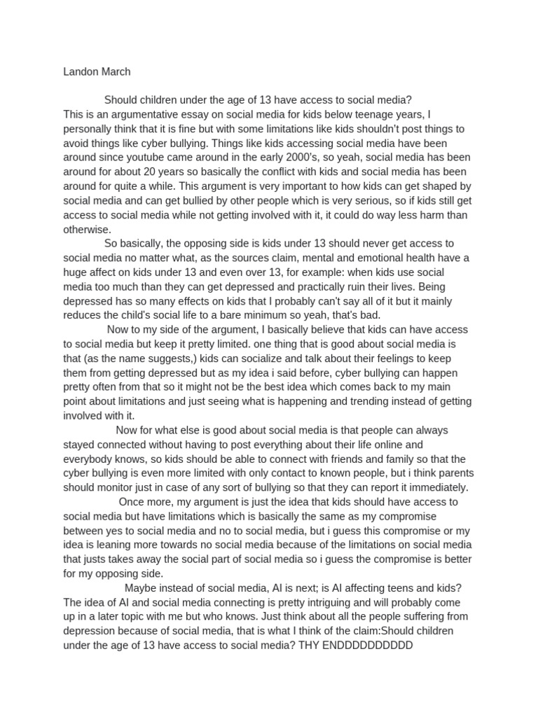 Argumentative Essay - Should Children Under The Age of 13 Have Access ...