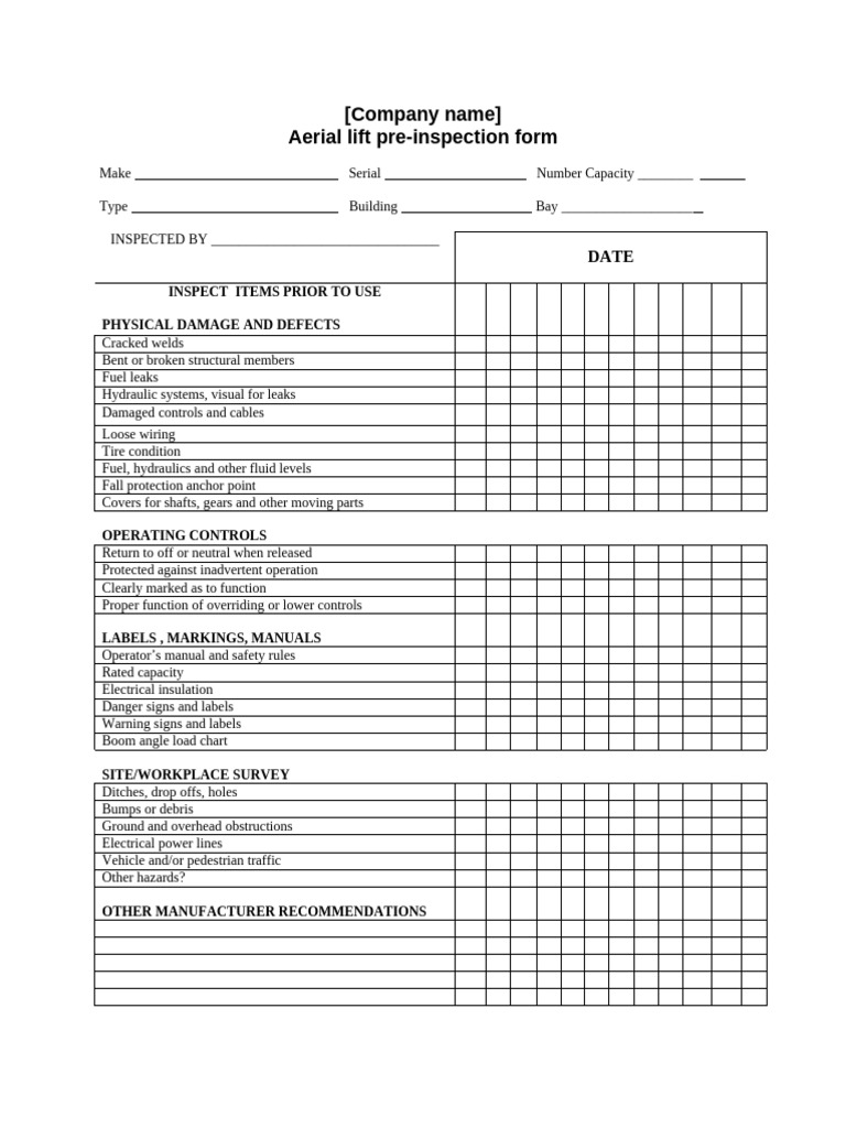 Aerial Lift Pre Inspection Form | PDF