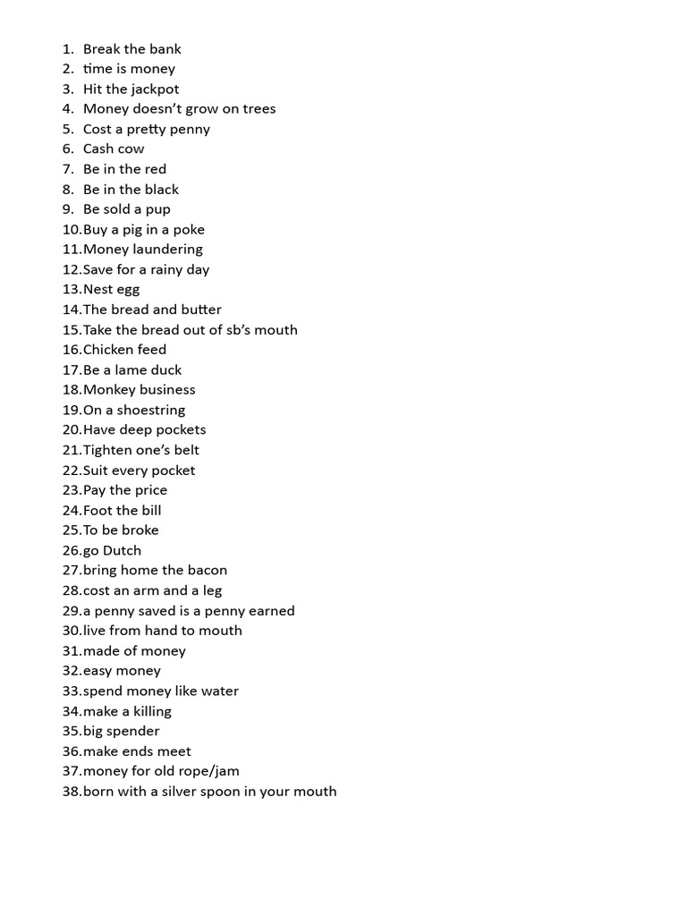 Money Idioms and Expressions List | PDF