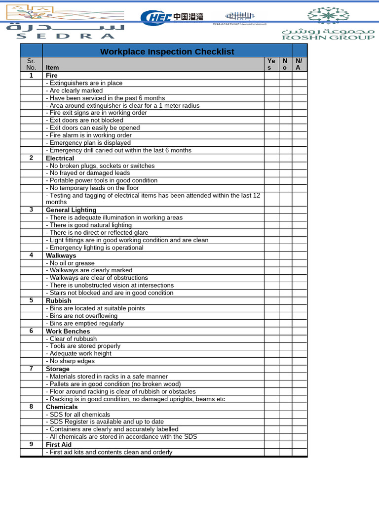 Workplace Inspection Checklist | PDF | Lighting | Safety