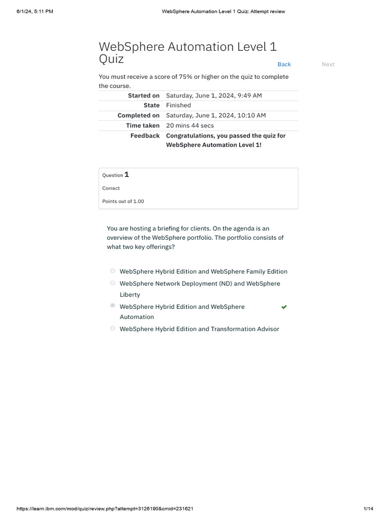 WebSphere Automation Level 1 Quiz - Attempt Review | PDF | Computing | Software Engineering