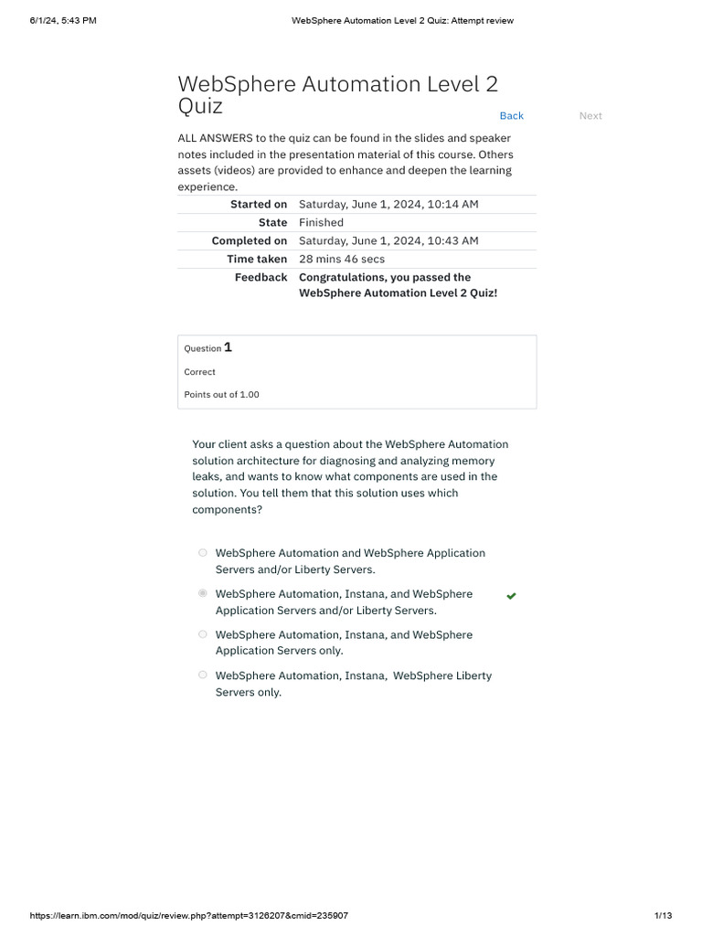 WebSphere Automation Level 2 Quiz - Attempt Review | PDF | Computing ...