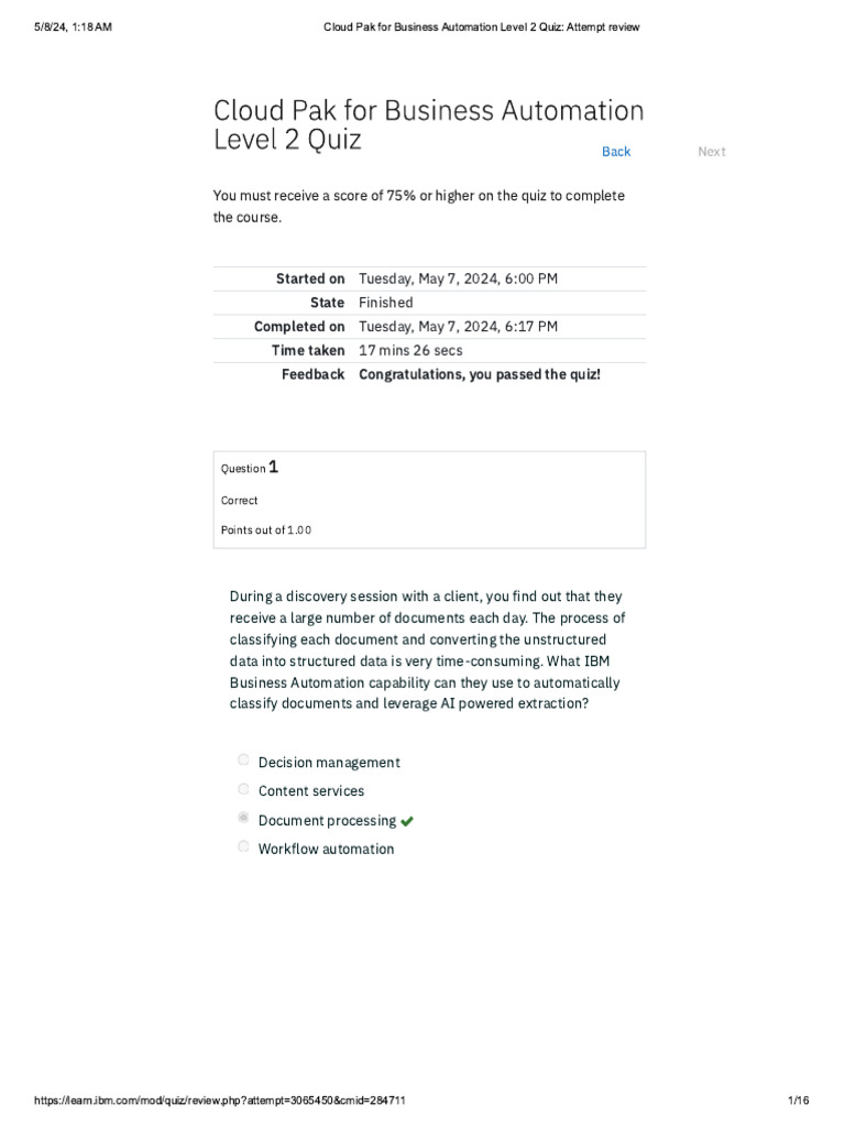 Cloud Pak For Business Automation Level 2 Quiz - Attempt Review | PDF