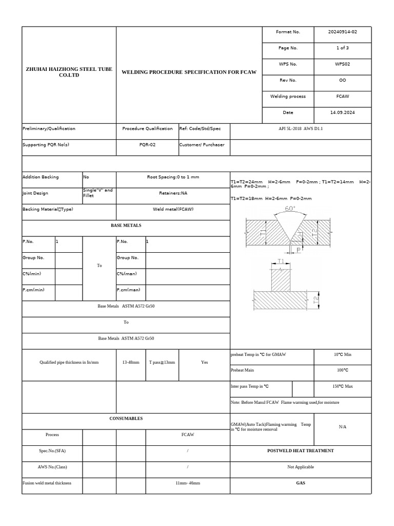 1. WPS and PQR of FCAW | PDF | Welding | Construction