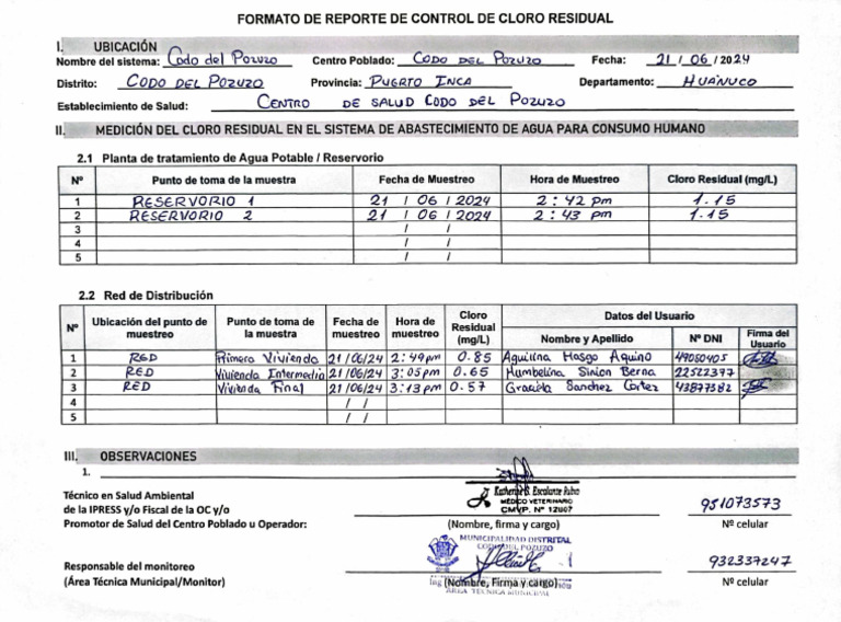 Reporte de Control de Cloro Residual | PDF