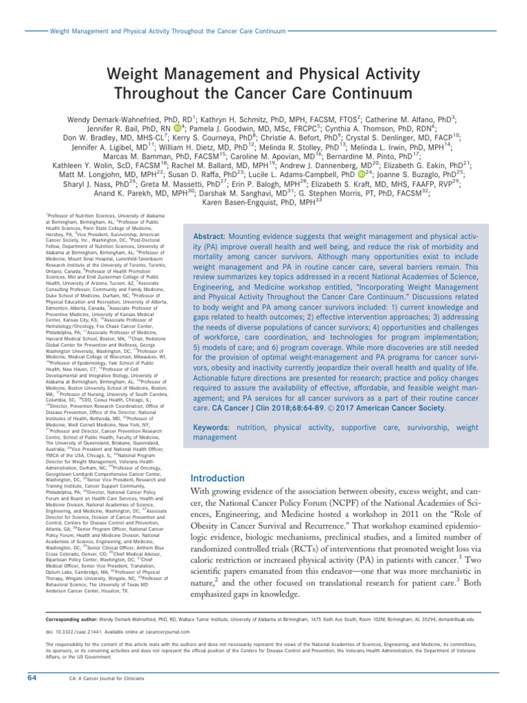 CA A Cancer J Clinicians - 2017 - Demark%E2%80%90Wahnefried - Weight ...