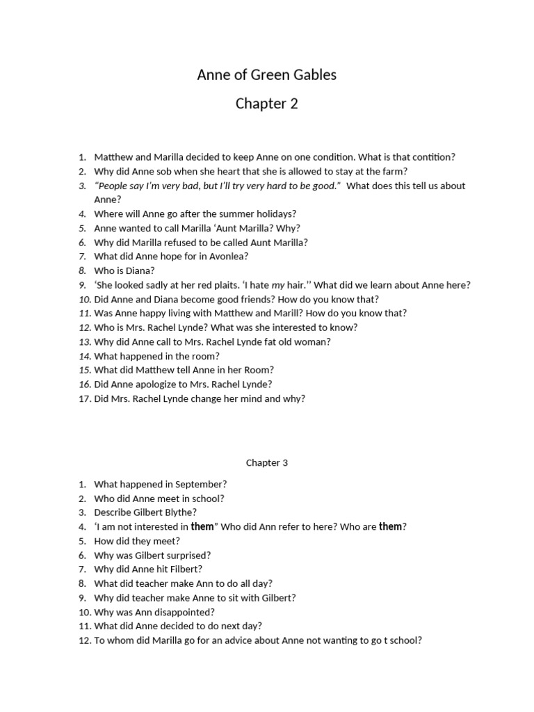 Chapters 2 and 3 Questions Anne of Green Gables | PDF