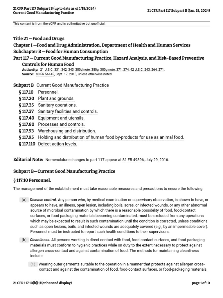 21 CFR Part 117 Subpart B (Up To Date As of 1-18-2024) | PDF | Sanitation