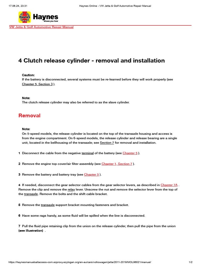 8 Clutch and Driveline 4 Clutch Release Cylinder - Removal and ...