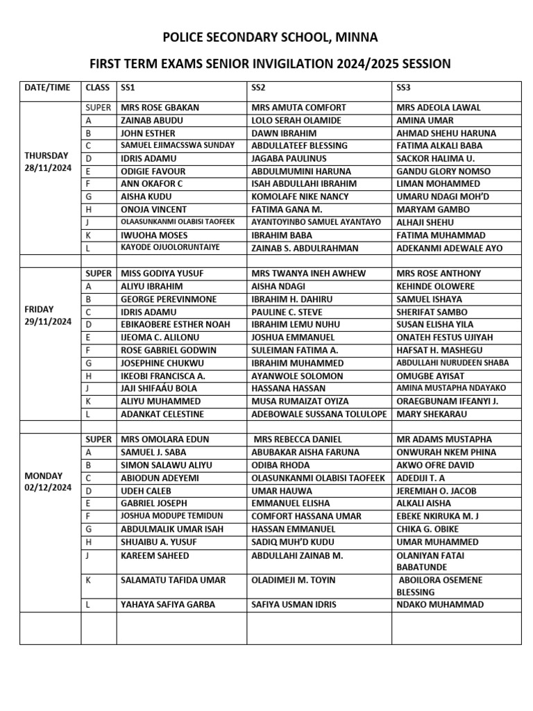 First Term Exams 2024-2025 Senior Section Invigilation | PDF