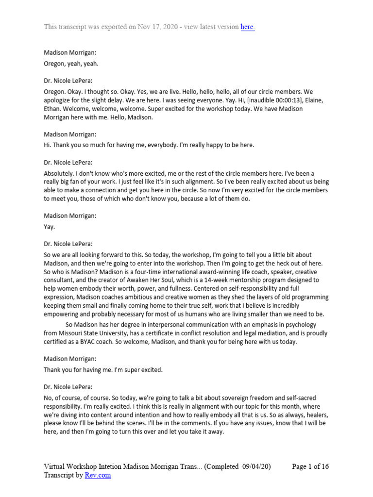 Virtual Workshop Intetion Madison Morrigan Transcription | PDF | Attitude (Psychology) | Femininity