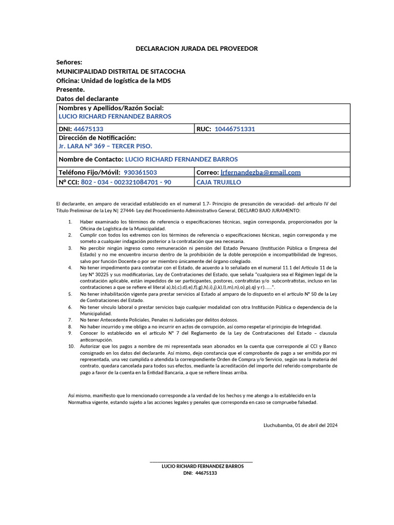 Declaracion Jurada Del Proveedor | PDF