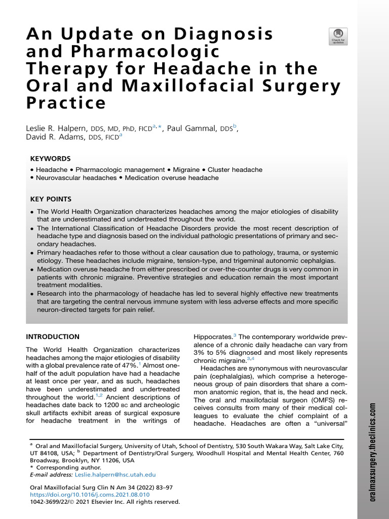 An Update On Diagnosis and Pharmacologic Therap - 2022 - Oral and Maxillofacial | PDF | Headache ...