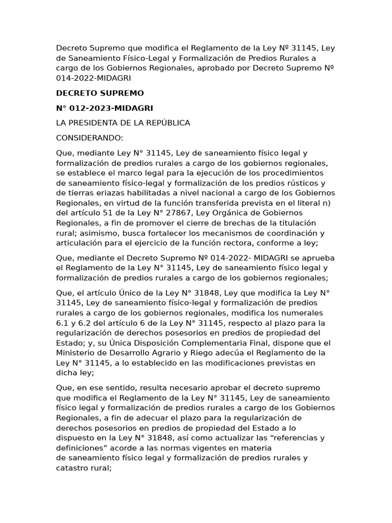 Decreto Supremo Que Modifica El Reglamento de La Ley #31145 | PDF | Regulación | Gobierno