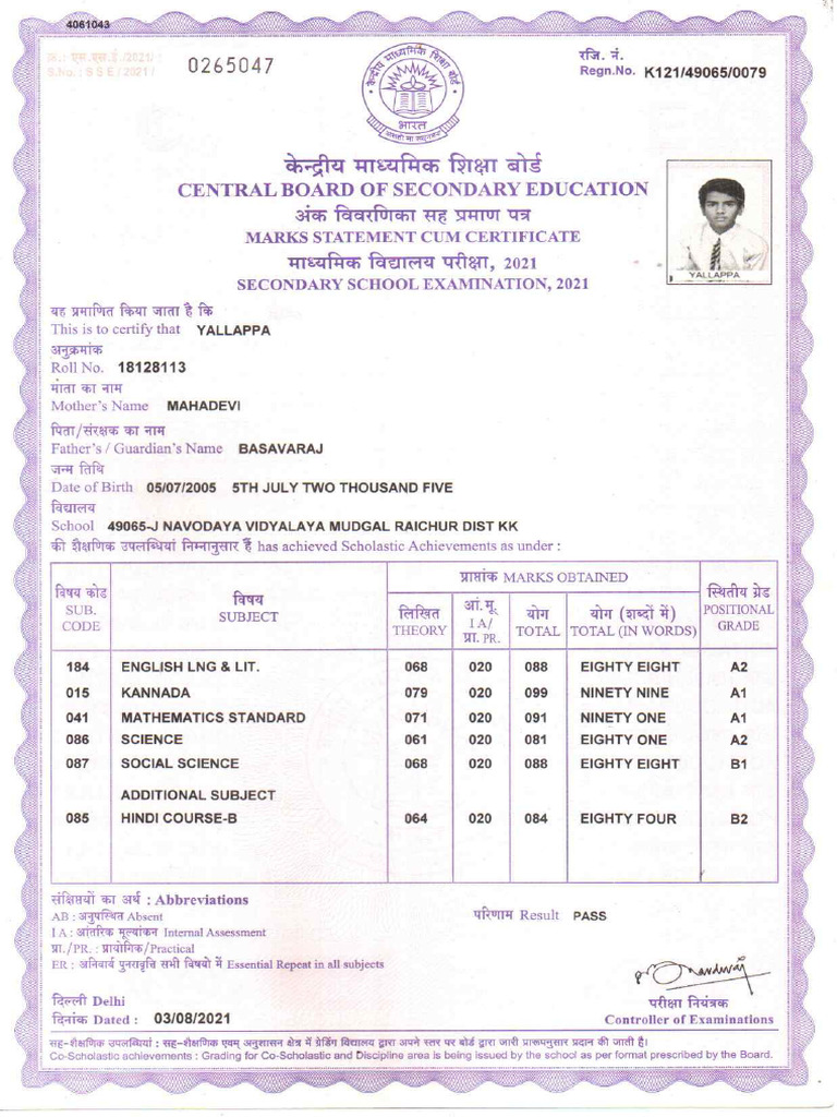 10 TH MARKS CARD - 103551 | PDF