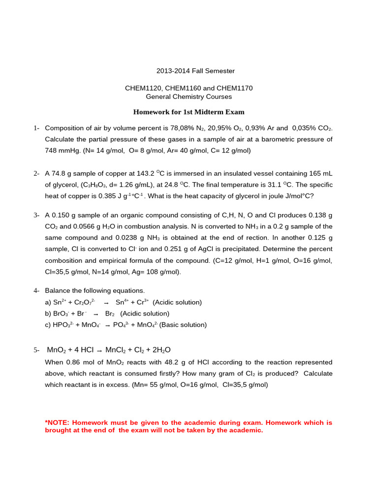 General Chemistry Courses Homework For 1st Midterm Exam | PDF