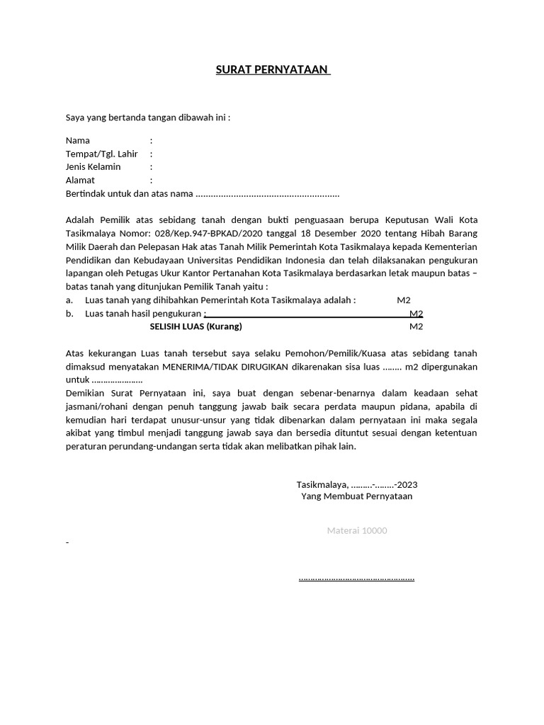 Surat Pernyataan Kekurangan Luas Upi | PDF