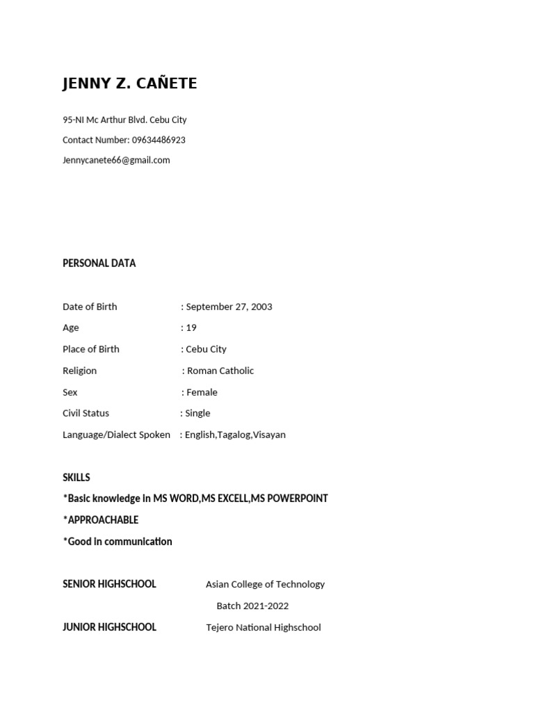 Jenny Z. Cañete - Resume Overview | PDF
