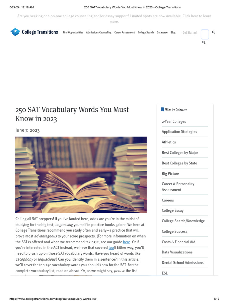 250 SAT Vocabulary Words You Must Know in 2023 - College Transitions | PDF | Sat | Vocabulary