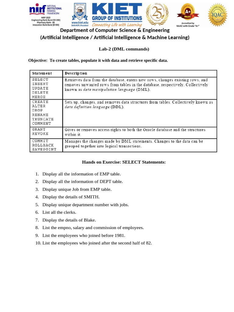 Lab Practice Sheet-2 (DML) | PDF | Information Retrieval | Computing
