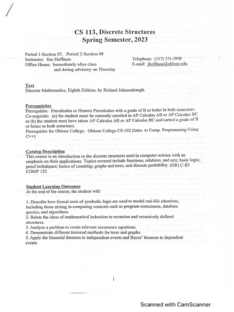 Ohlone College Discrete Structures Syllabus | PDF