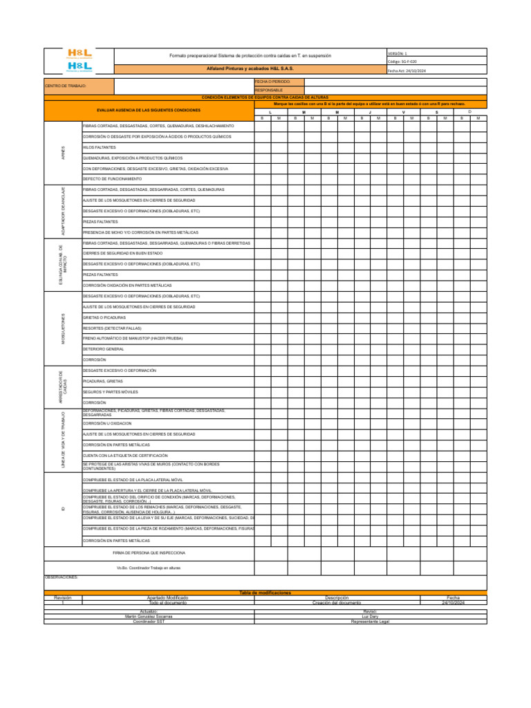 SG-F-020 Formato Preoperacional Equipos de Protección Contra Caidas (1) .XLSX - SST-F-028 | PDF ...